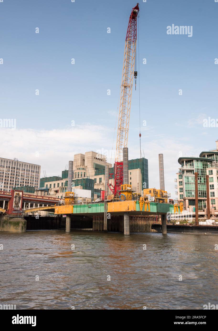 Construction of the Thames Tideway Tunnel at Vauxhall Cross in front of ...