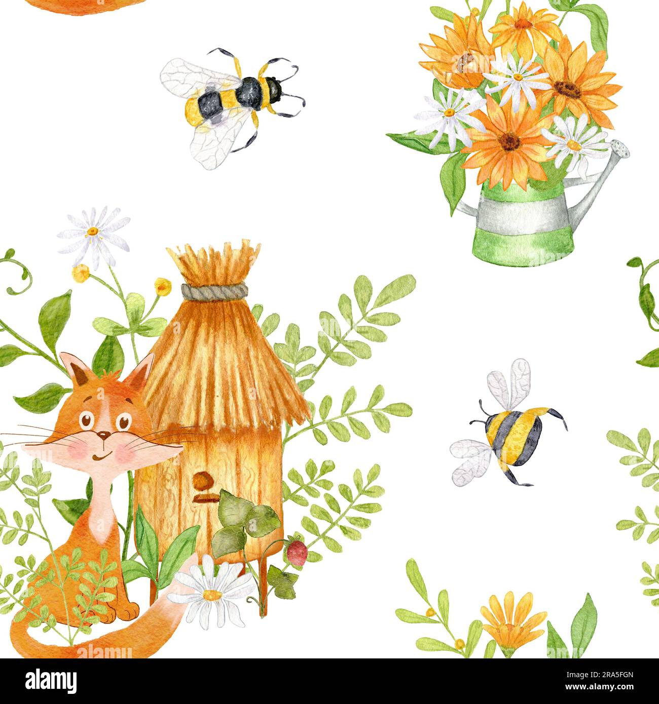 A fox near a beehive with flowers. Watercolor seamless pattern with ...