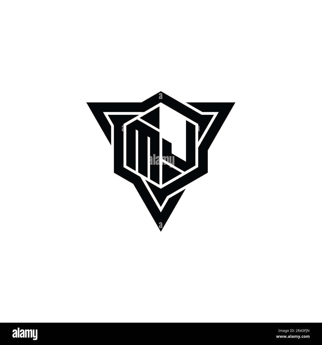 MJ Letter Logo monogram hexagon shape with triangle outline sharp slice style design template ...