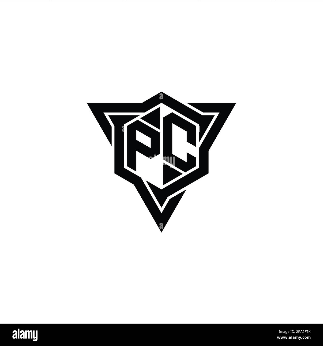 PC Letter Logo monogram hexagon shape with triangle outline sharp slice ...