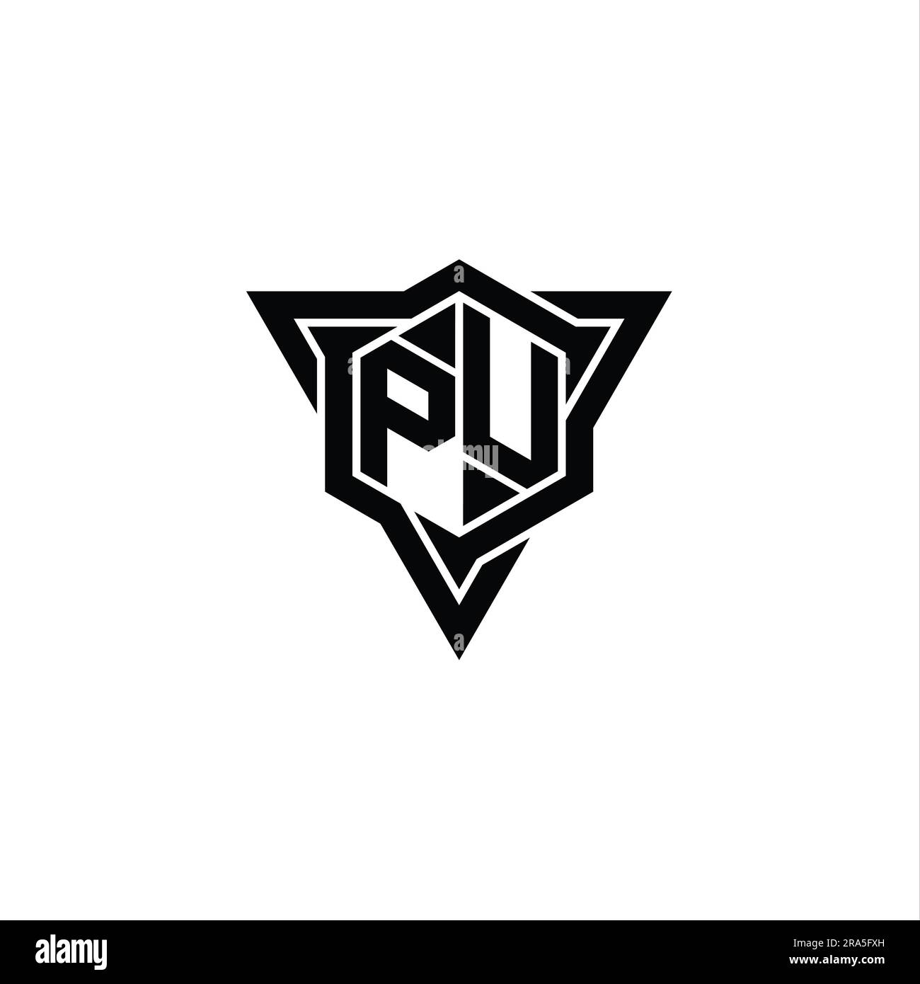 PU Letter Logo monogram hexagon shape with triangle outline sharp slice style design template ...