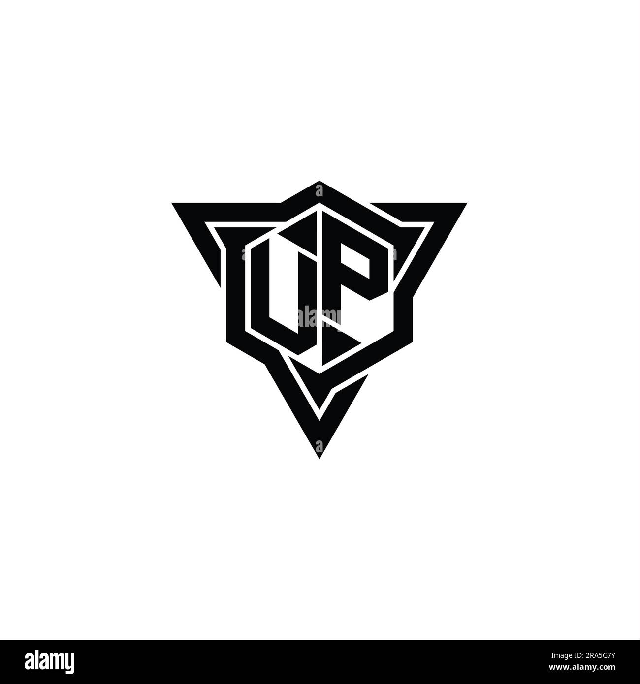 UP Letter Logo monogram hexagon shape with triangle outline sharp slice ...