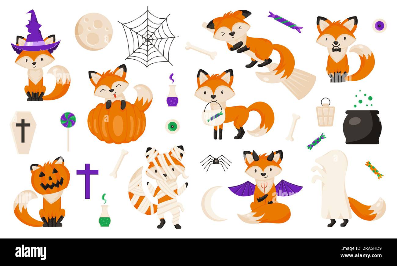 Set of funny foxes in Halloween costumes. Vector illustration of witch ...