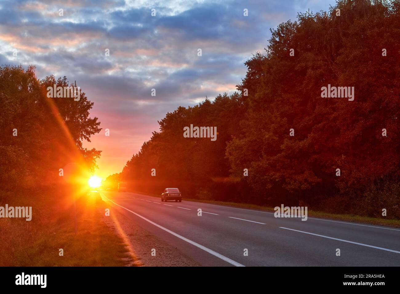 Countryside asphalt road in motion with trees against a night sky with ...