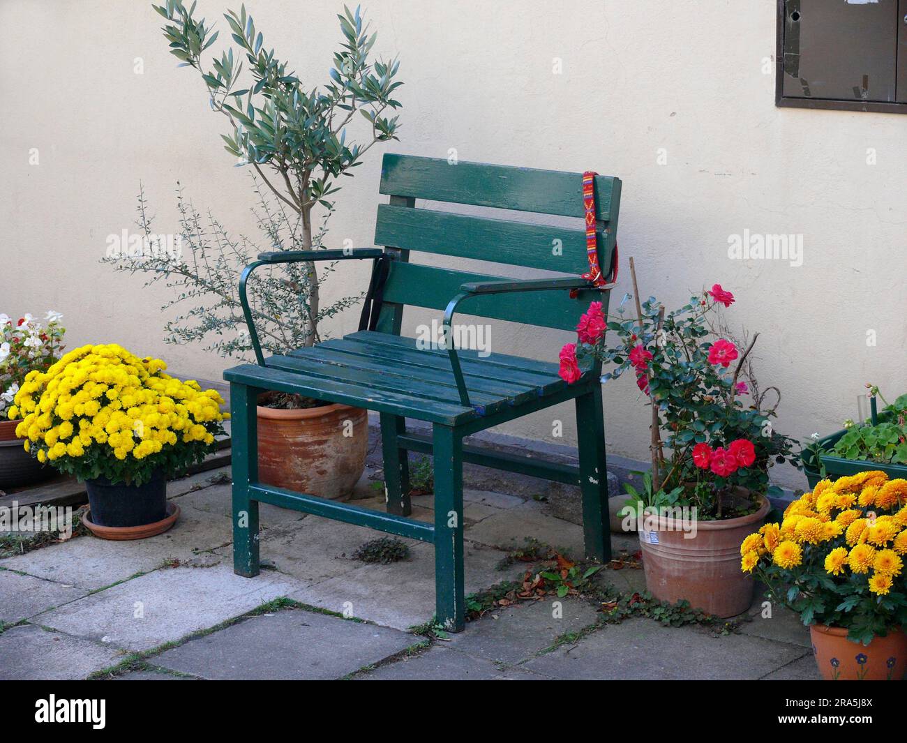 Chair between flower pots in front of the house Stock Photo - Alamy
