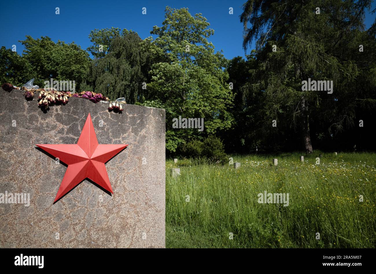 Main memorial stone, red star, Soviet symbol, Soviet cemetery of honour ...