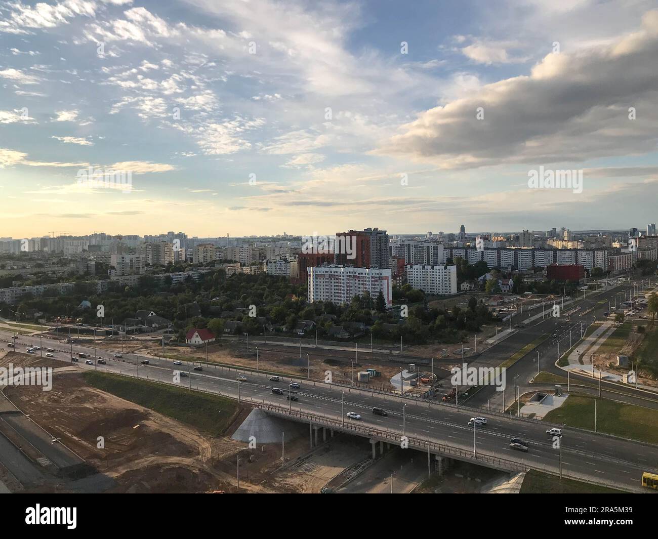 car junction on the road. large intersection, long bridge for traffic ...
