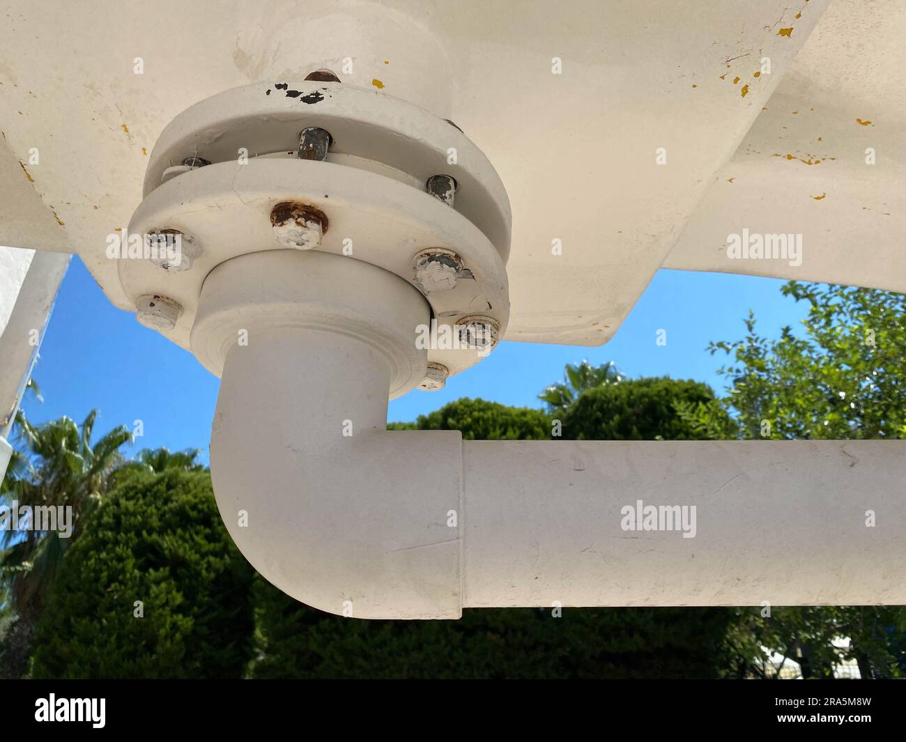 Flanged connection on a gray pipe. Pipes on the deck of the ship Stock ...