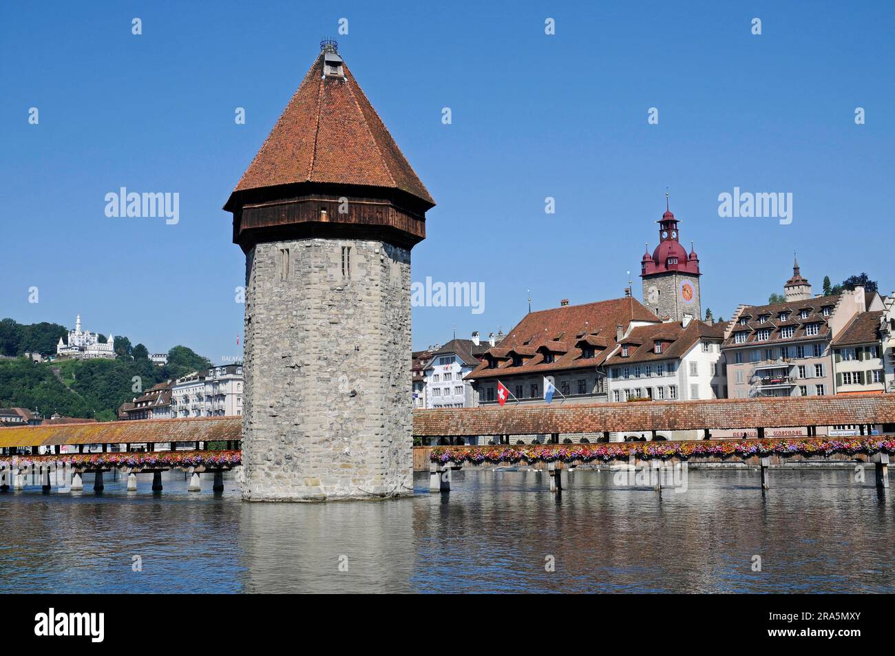 Chapel bridge and water tower, river Reuss, Lucerne, chapel bridge ...