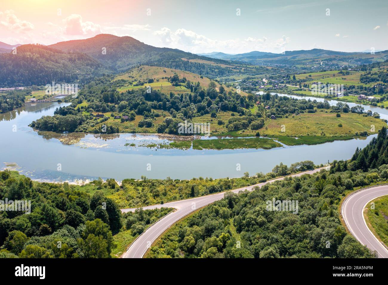 Mountain landscape with Meander of the River in mountains valley in ...