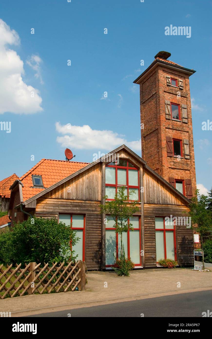 Old fire station with hose tower, Uetze, Lower Saxony, Germany Stock ...