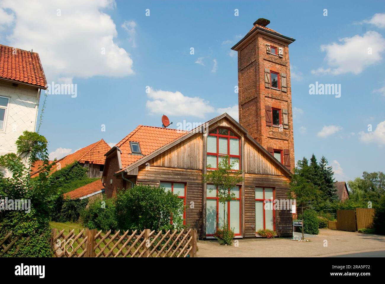 Old fire station with hose tower, Uetze, Lower Saxony, Germany Stock ...