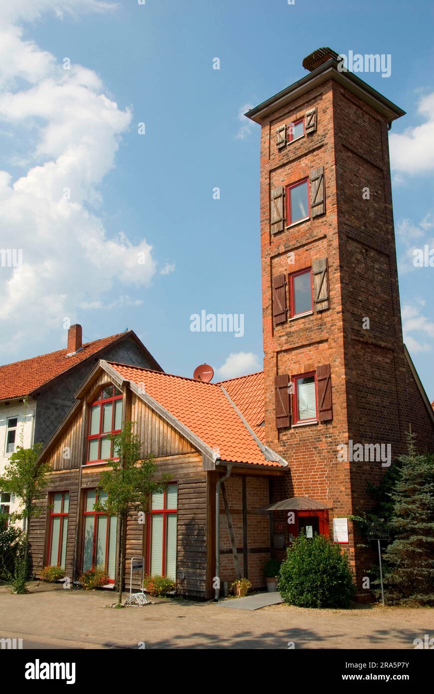 Old fire station with hose tower, Uetze, Lower Saxony, Germany Stock ...