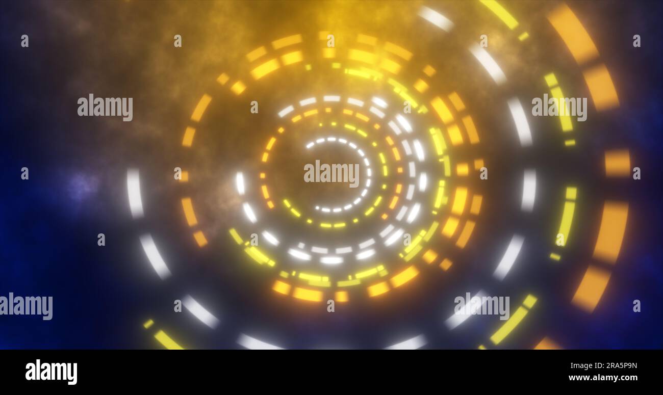 Abstract round swirling rings HUD elements blue and yellow from flying ...