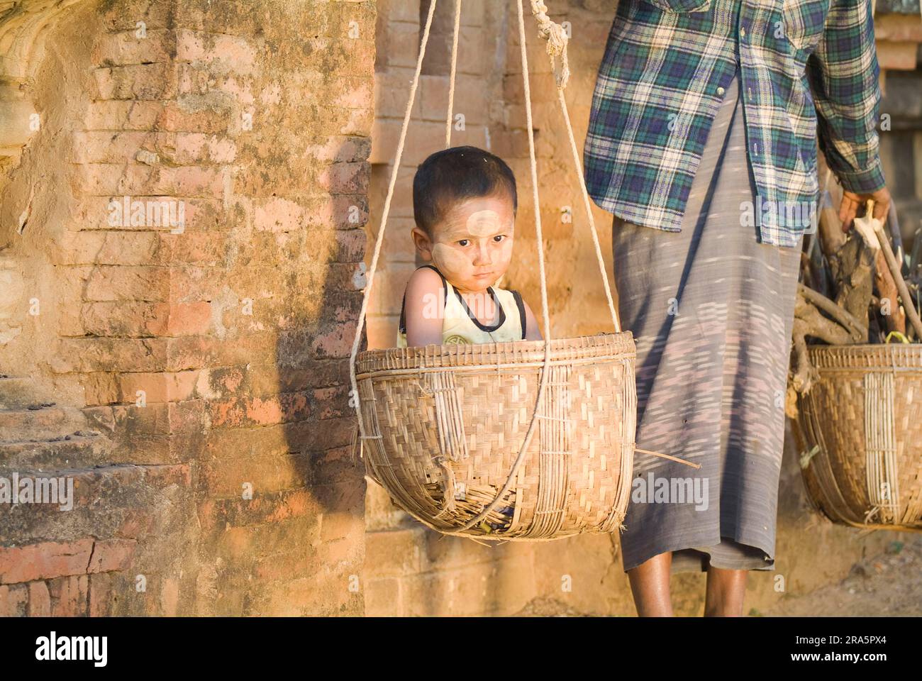 Burmese woman carrying child and wood in basket over her shoulder ...