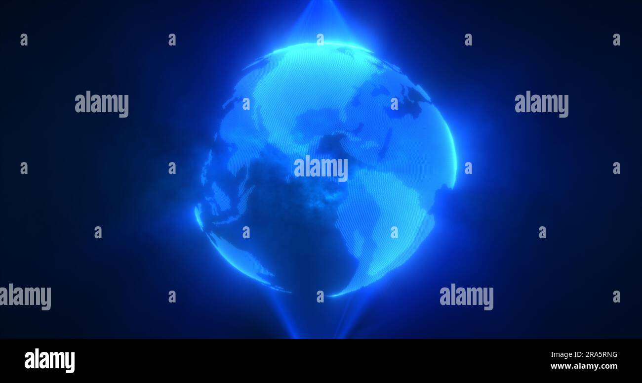 Abstract blue planet earth spinning with futuristic high-tech particles ...