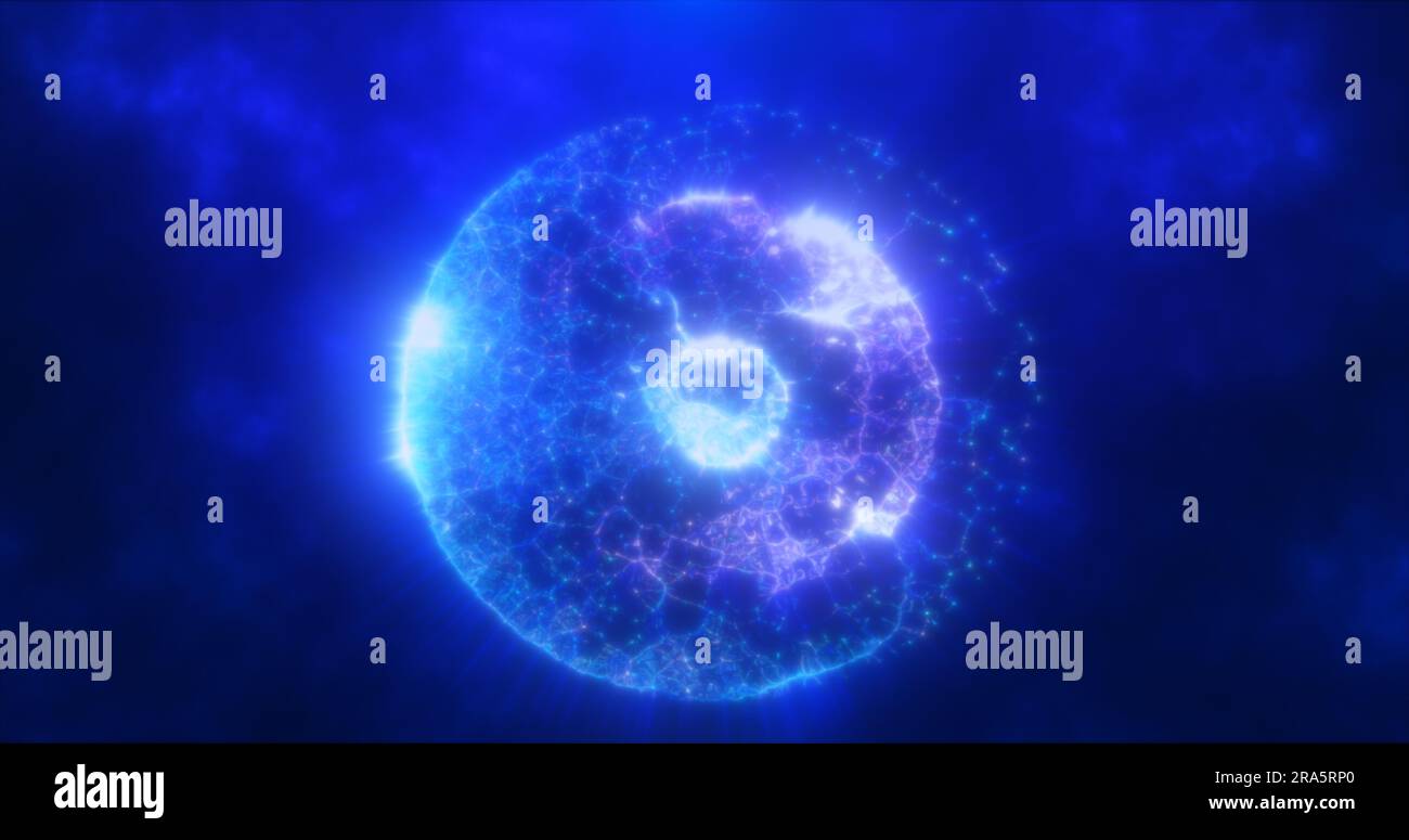 Abstract round blue and purple sphere made of flying particles glowing ...