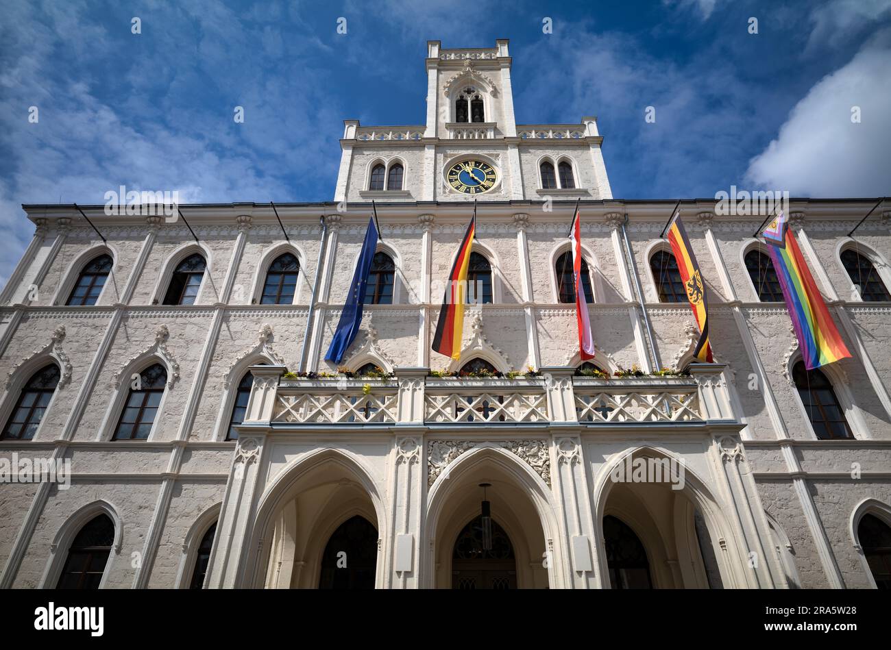 Historic neo-Gothic town hall, flags, market square, Weimar, Thuringia ...