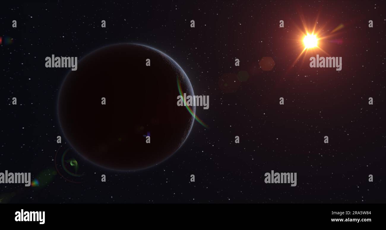 Abstract realistic planet glowing round sphere with stone sandy surface ...