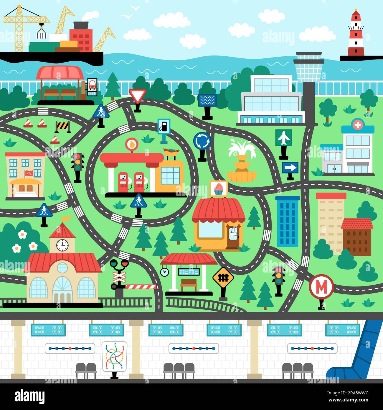City transportation map. Square shaped background with air, water, land ...