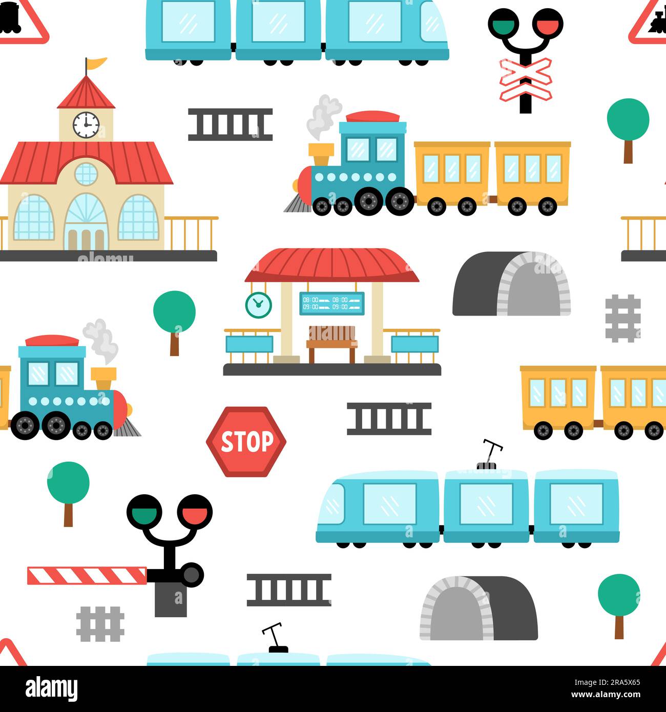 Vector railway transport seamless pattern. Funny railroad ...