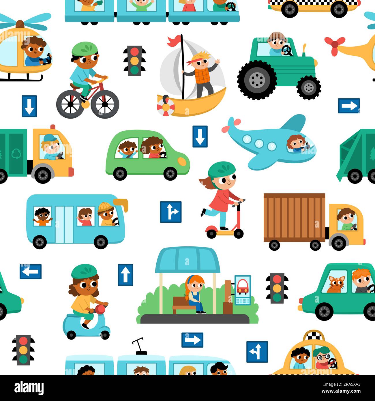 Vector transportation seamless pattern with children. Funny water, land ...