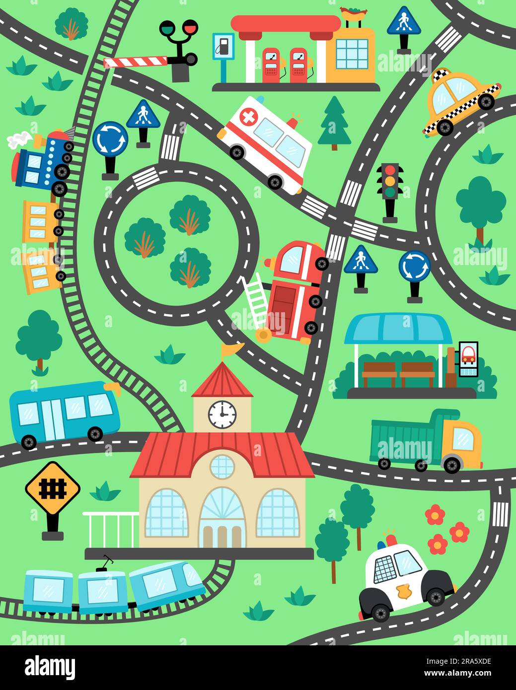 City transport map. Background with railway, roads, traffic signs for ...