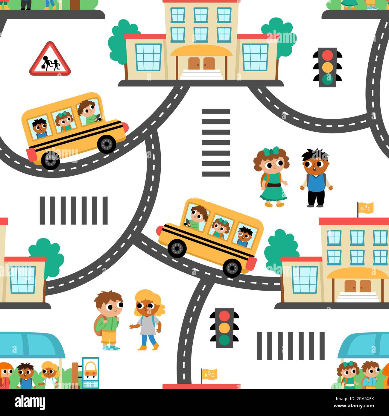 Vector transportation seamless pattern with children. Funny school bus ...