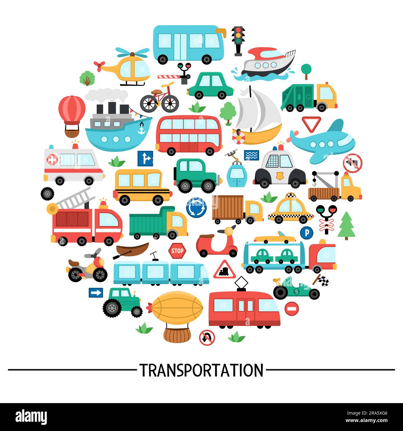 Vector transportation round frame with bus, car, boat, truck. Card ...