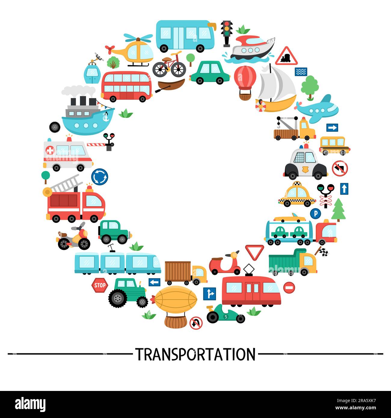 Vector transportation round frame with bus, car, boat, truck. Card ...
