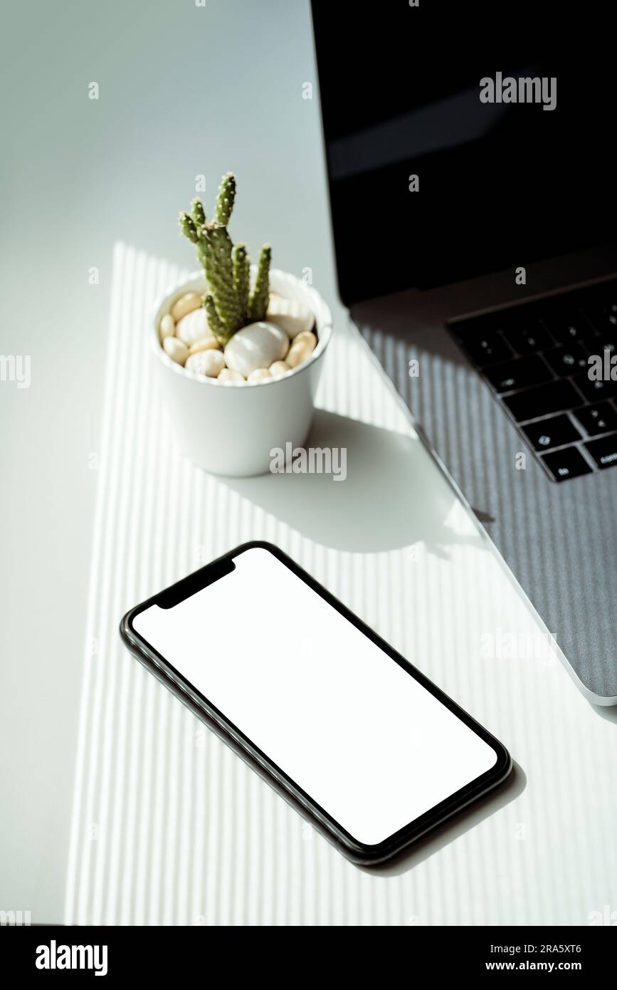 White blank screen smart phone mockup on the table with natural light ...