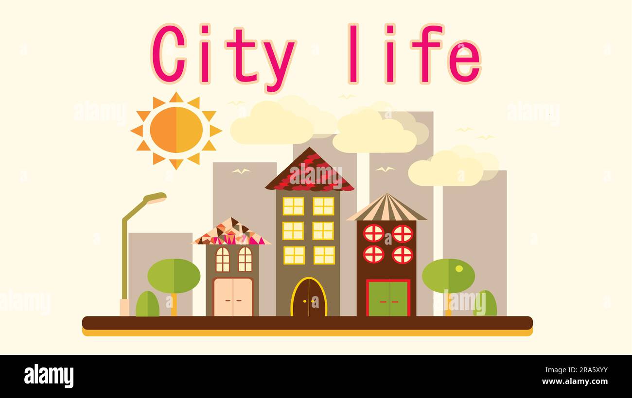 City landscape in a simple flat style with different tall houses and ...