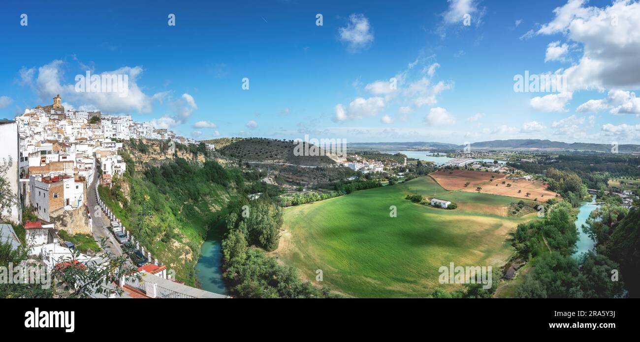 Panoramic aerial view of Arcos de la Frontera with Guadalete River and ...