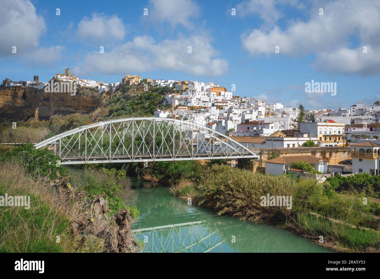 Arcos de la Frontera view with Guadalete River and San Miguel Bridge ...