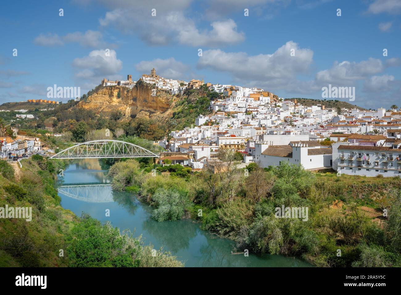 Arcos de la Frontera view with Guadalete River and San Miguel Bridge ...
