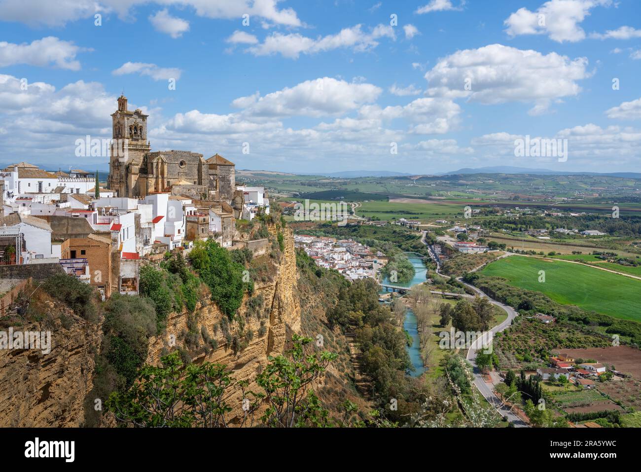 Aerial view of Arcos de la Frontera with San Pedro Church and Guadalete ...