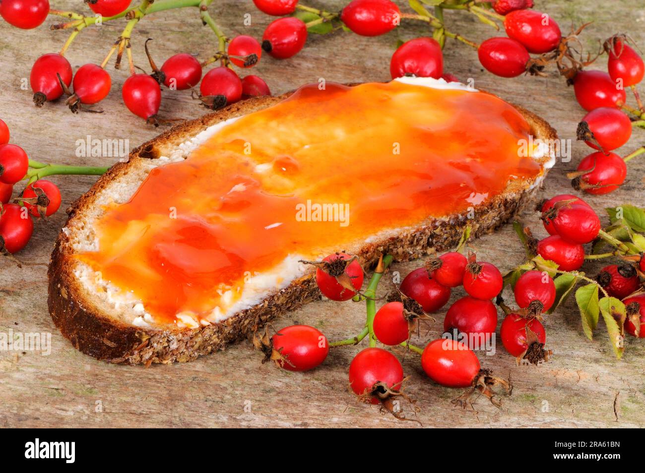 Rosehip jam as spread (pink), slice of bread Stock Photo - Alamy