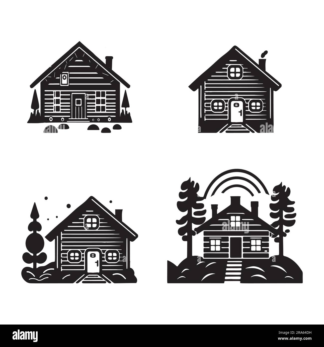 Set of log cabin and alpine fir tree vector illustrations. Masculine ...