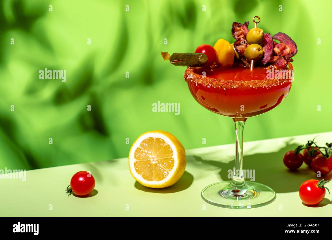 Bbq bloody mary with smoked bacon - alcoholic cocktail drink with ...