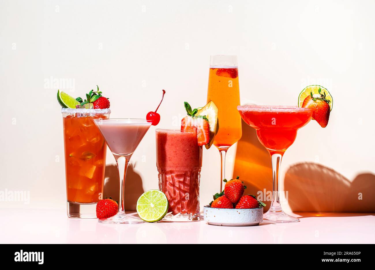 Strawberry cocktails set. Mocktails, smoothies and shakes with fruits ...