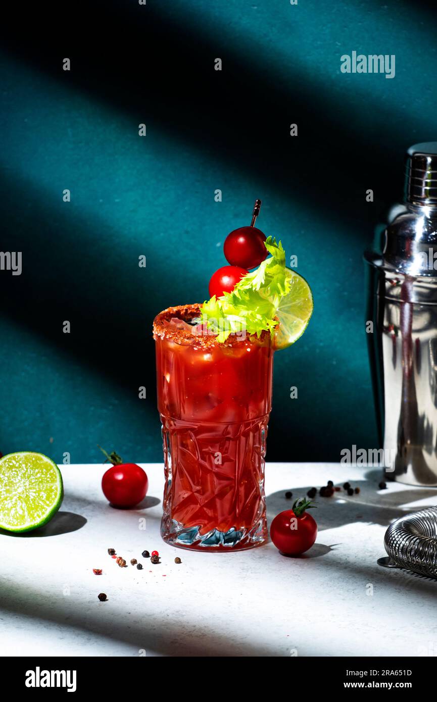 Bloody Mary cocktail drink with tomato juice, vodka, lemon, celery, hot ...