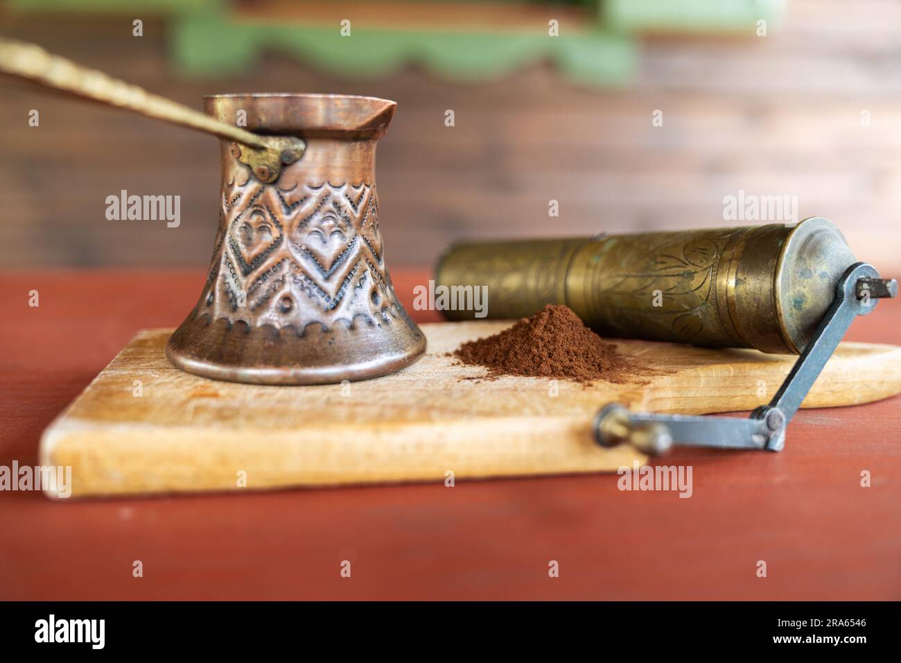 Vintage coffee pot and manual coffee grinder. Retro style of making ...