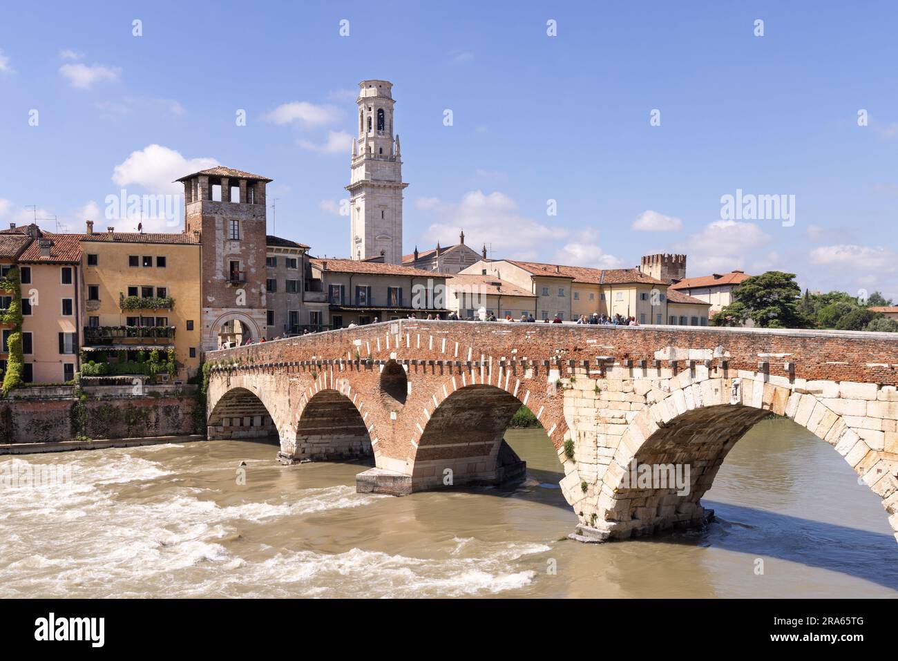 Verona Italy view- the Adige river flowing through the Ponte Pietra ...