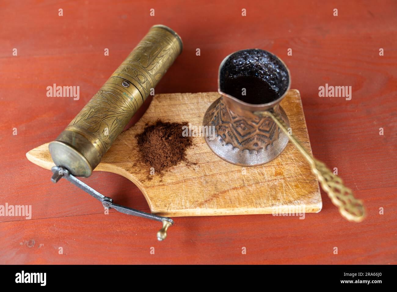 Vintage coffee pot and manual coffee grinder. Retro style of making ...