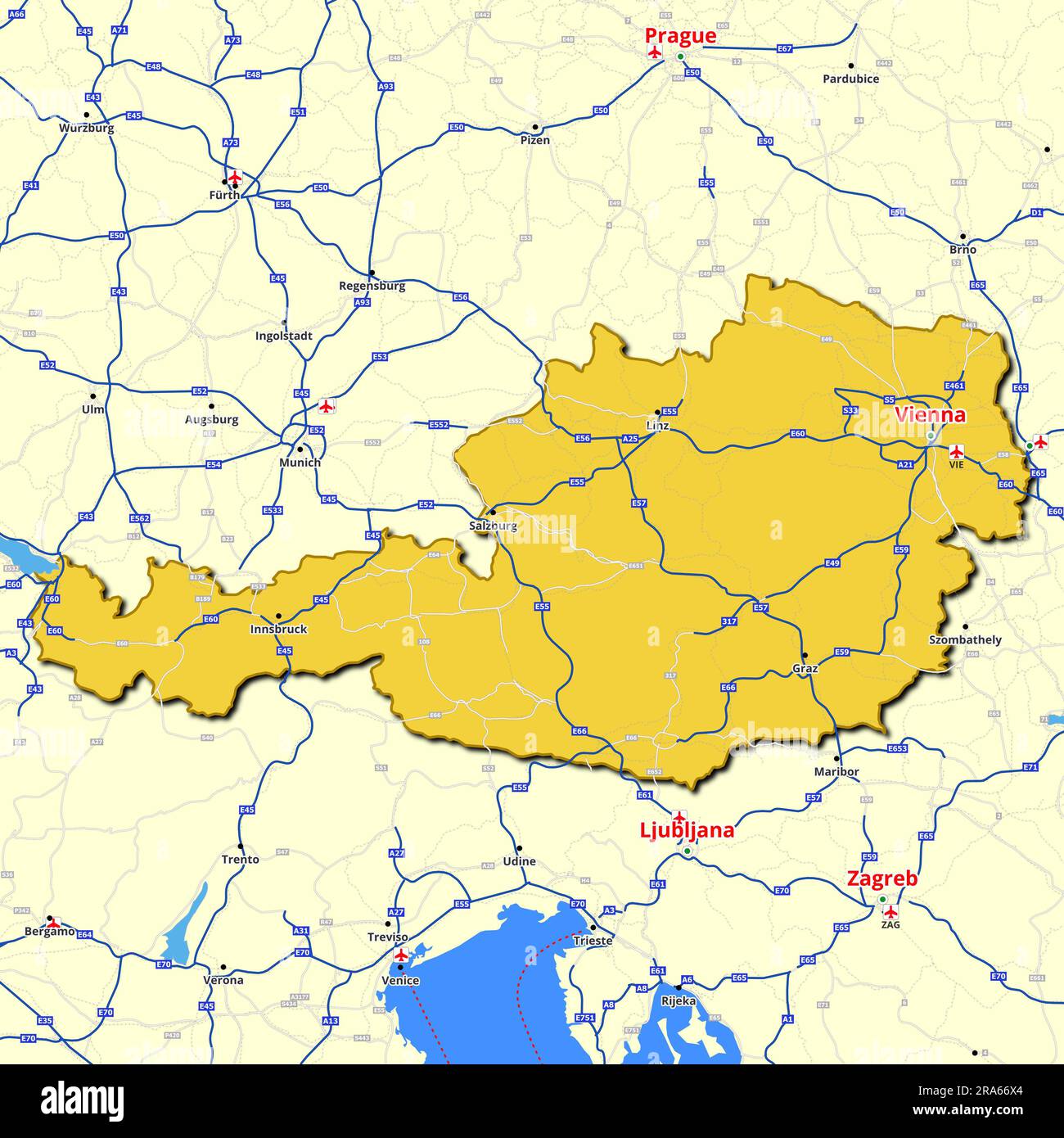 Map of Austria with main roads and highways Stock Photo - Alamy