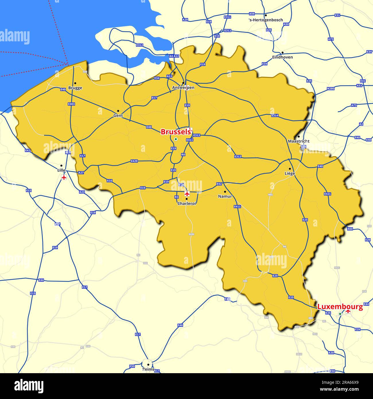 Map of Belgium with main roads and highways Stock Photo - Alamy