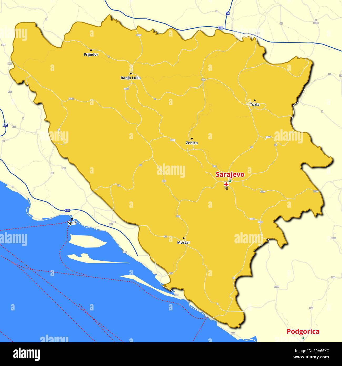 Map of Bosnia and Herzegovina with main roads and highways Stock Photo ...