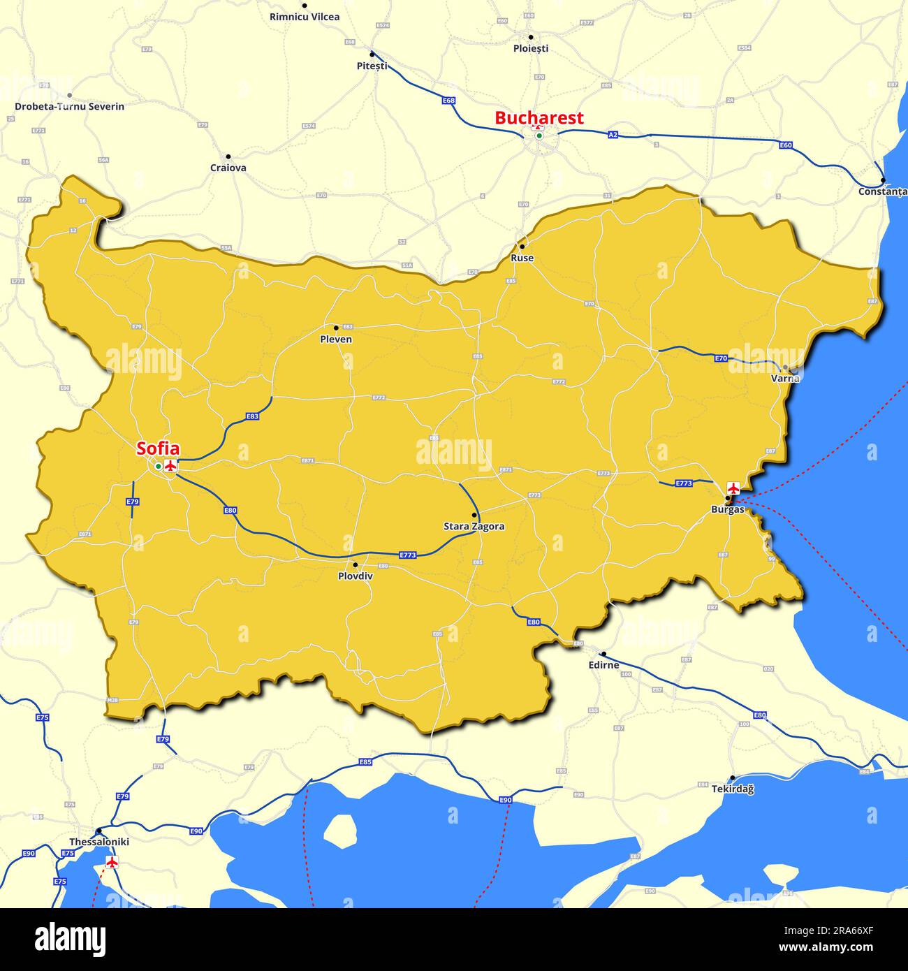 Map of Bulgaria with main roads and highways Stock Photo - Alamy