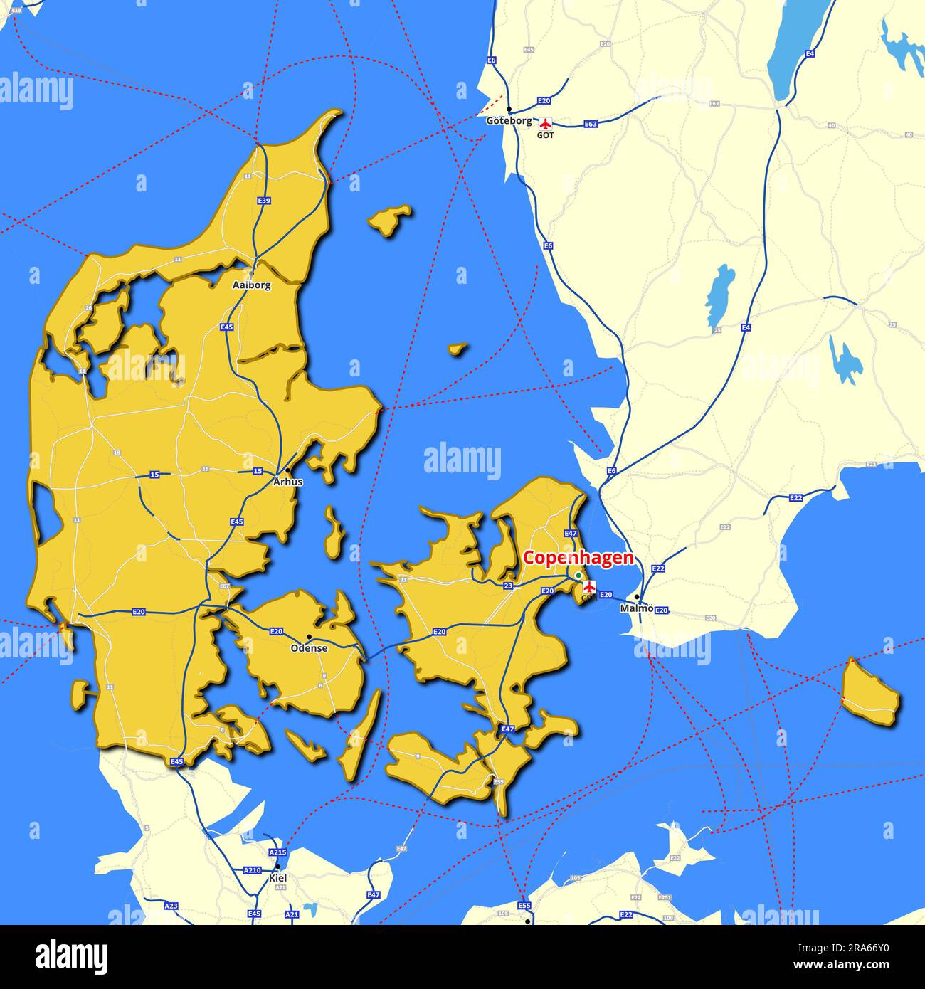 Map of Denmark with main roads and highways Stock Photo - Alamy