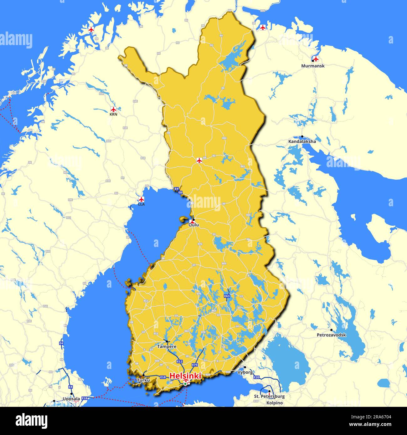 Map of Finland with main roads and highways Stock Photo - Alamy